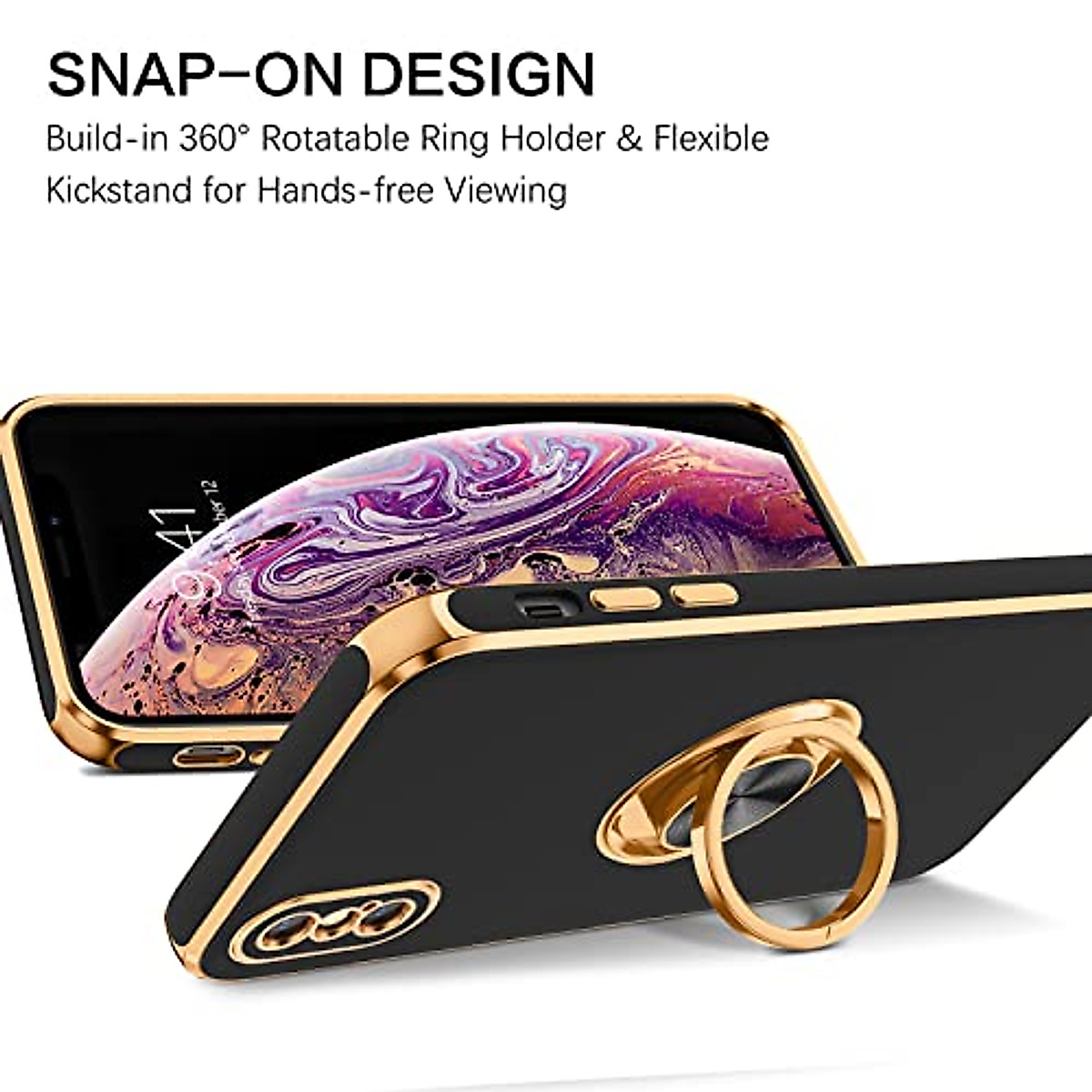 BENTOBEN iPhone Xs Max Case, Phone Case iPhone XsMax, Slim Fit Sparkly Kickstand Ring Holder Design Shockproof Protection Soft TPU Bumper Drop Protective Girl Women Boy iPhone Xs Max Cover, Black/Gold