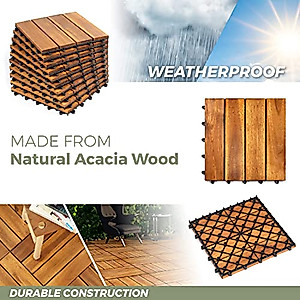 Wood Interlocking Flooring Tiles (Pack of 10, 12" x 12"), Solid Wood Acacia Deck Tiles Interlocking, Patio Tiles Outdoor Interlocking Waterproof All Weather (4 Slat, Natural Color)
