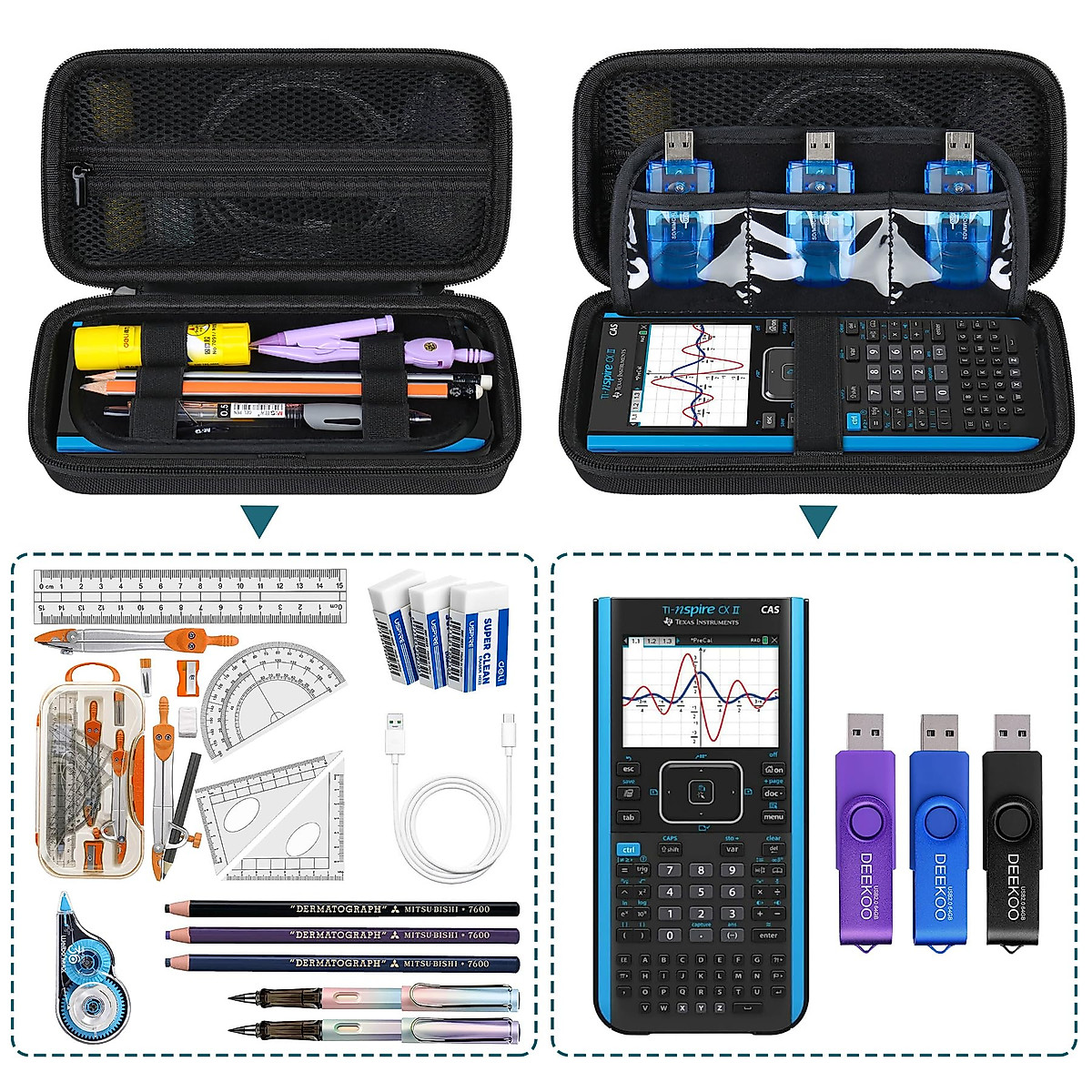 Supmay Hard Carrying Case for Texas Instruments TI-Nspire CX II CAS/TI-Nspire CX II Color Graphing Calculator, Storage Holder with Mesh Pockets for Charger Cable, User Manual and More, Black