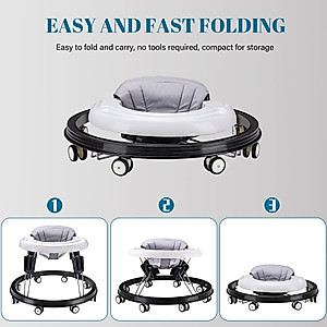 Baby Walker Adjustable Height, ABIOSER Multi-Function Anti-Rollover Folding Walker 9 Heights Adjustable 6-18 Months Male and Female Baby Walker (Gray)