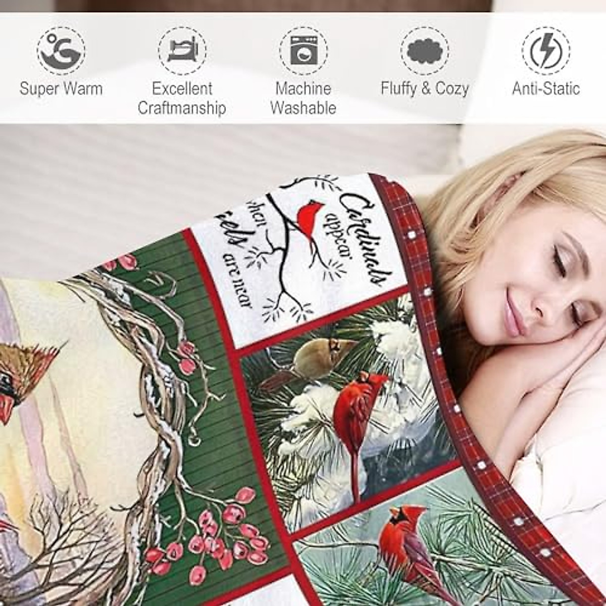 reoqeosy Cardinal Blanket Christmas Bird Throw Blanket Cardinal Gifts for Girls Woman Kids Cozy Comfort Soft Plush Fleece Flannel Blanket for Couch Sofa Bed 40"x50"