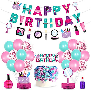 Sumind Spa Theme Party Supplies for Girls Makeup Party Decorations Includes 3 Happy Birthday Banner 1Cake Topper Pick and 20 Latex Balloons 4 Honeycomb Centerpieces for Spa Make up Theme Party Decor