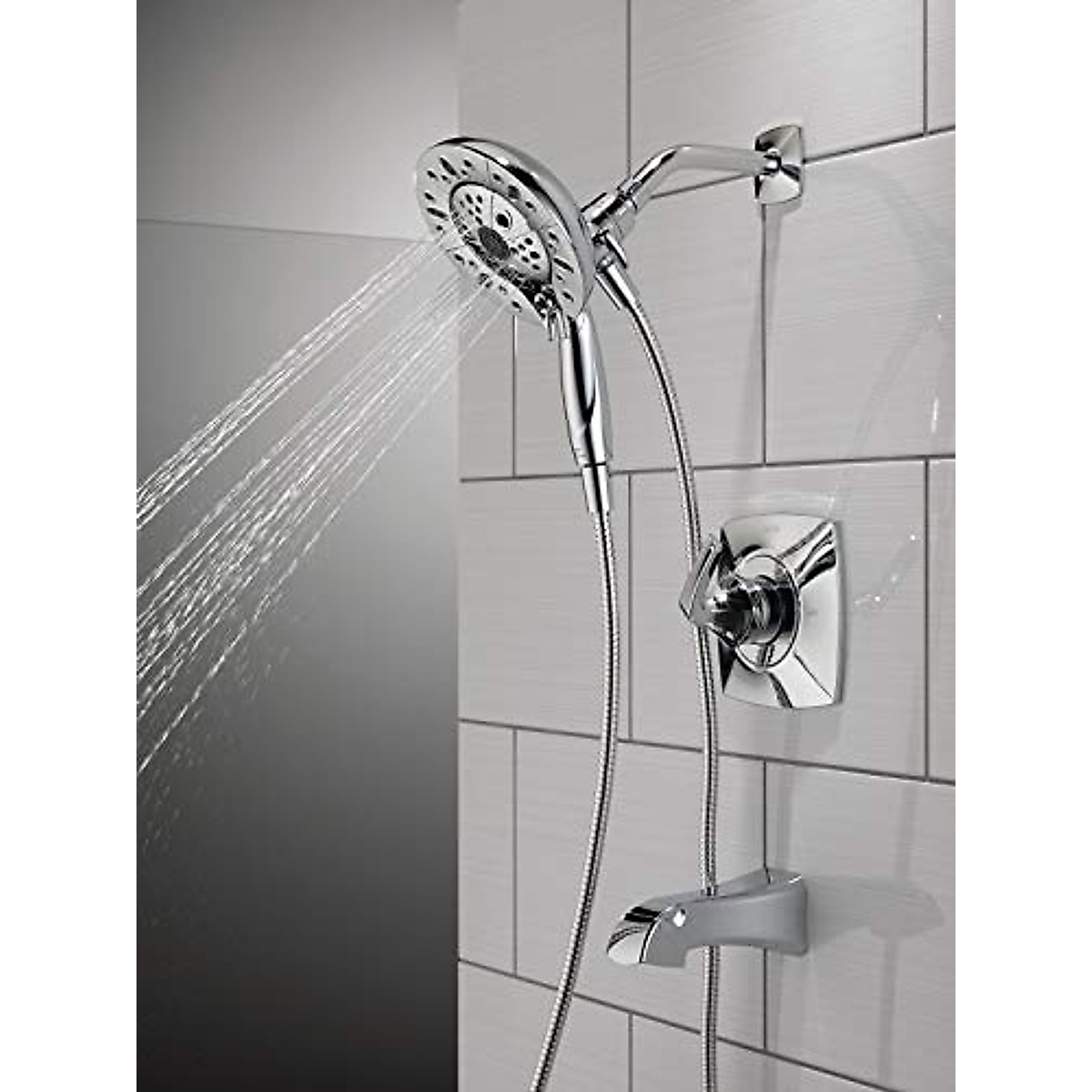 Delta Faucet Vesna 14 Series Single-Handle Shower Trim Kit with 5-Spray H2Okinetic In2ition Dual Hand Held Shower Head with Hose, Chrome 144789-I (Valve Included)