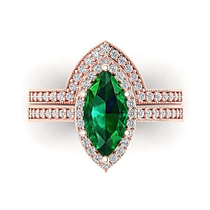 Clara Pucci 2.16ct Marquise Cut Halo Solitaire Simulated Emerald Engagement Promise Anniversary Bridal Ring Band set 18K Rose Gold 3.5