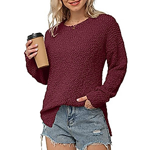 GRECERELLE Women’s Fuzzy Knitted Sweater Sherpa Fleece Side Slit Long Sleeve Loose Fit Jumper Outwears Pullover Sweater Blouse Wine Red-Mudium
