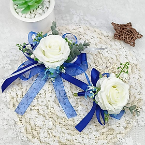 MAFELOE Wrist Corsage and Boutonniere Set Artificial Rose Flowers Accessories for Groom Bride Groomsmen Bridesmaids Wedding Party Prom Suit - Blue White 2 Pieces