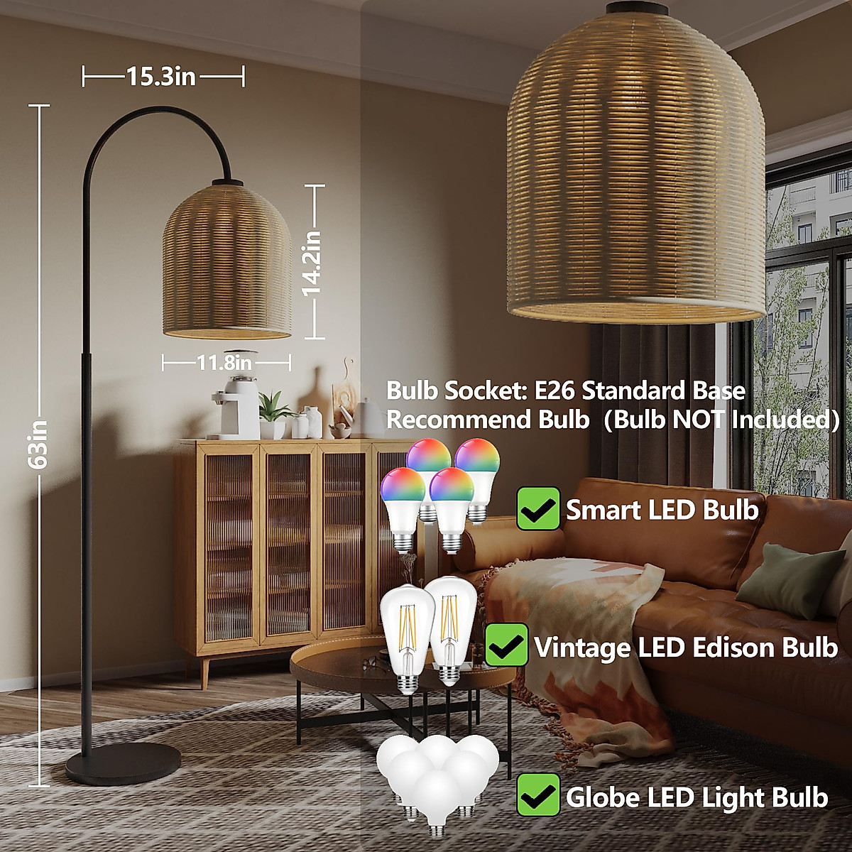 Rattan Floor Lamp, 63in. boho floor lamp with Natural Rattan Shade, Rustic Arc Standing Lamp for Coastal, Beach or Bohemian Style Decor, E26 Socket, On/Off Footswitch Lamp for living room, Bedroom