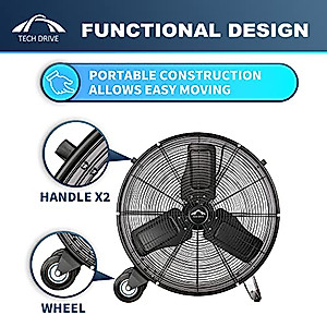 Tech Drive Heavy Duty Metal Industrial Drum Fan, 24 inch High Velocity Shop Fan, 2 Speed Large Floor Fan for Warehouse, Workshop, Factory, Garage, All Metal, Black