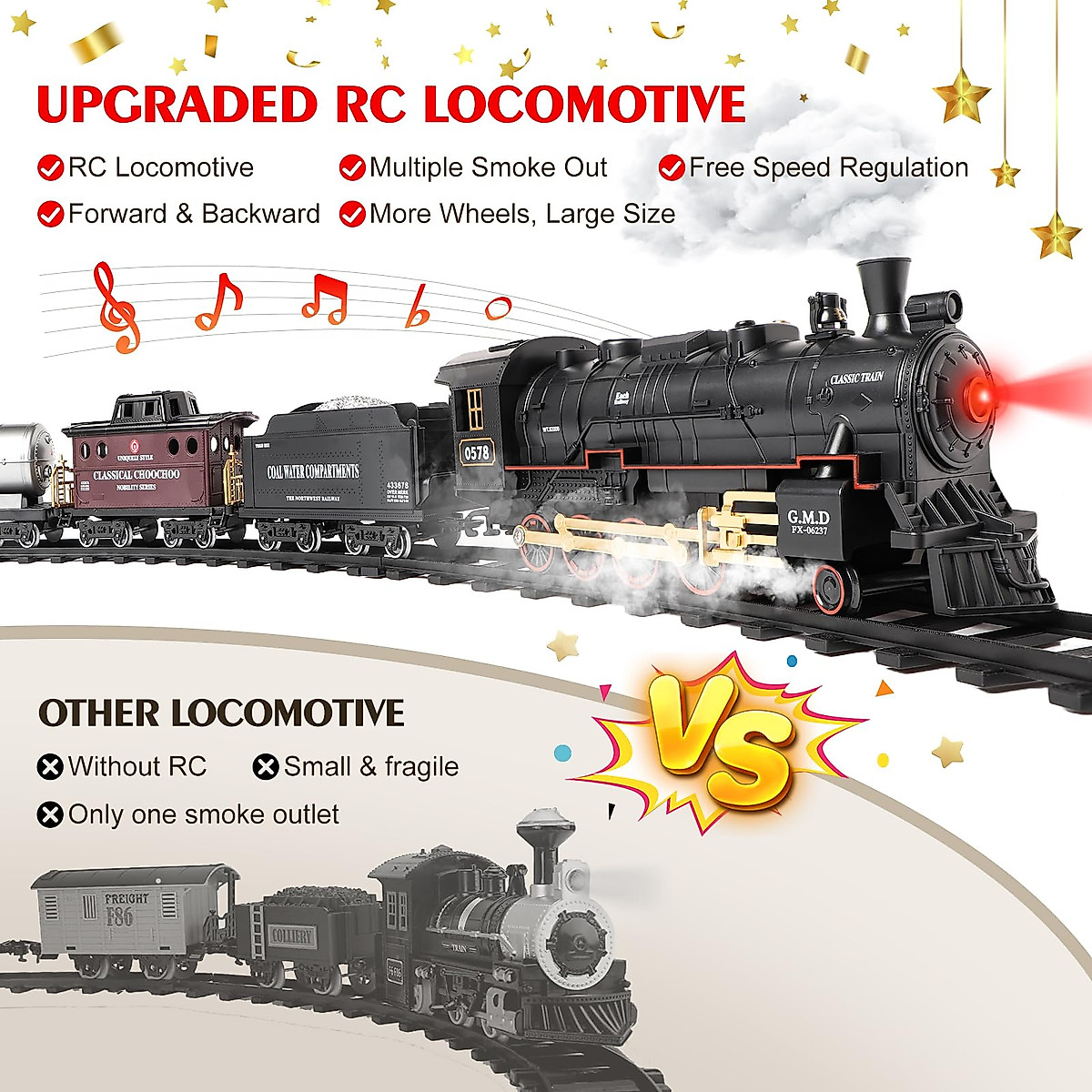 Hot Bee Train Set for Boys - Remote Control Train Toys w/Steam Locomotive, Cargo Cars & Tracks,Trains w/Realistic Smoke,Sounds & Lights,Christmas Train Toys for 3 4 5 6 7+ Years Old Kids