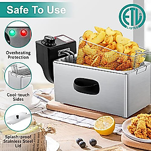 SUEWRITE Deep Fryer with Basket, 4.2 Qt Stainless Steel Electric Deep Fryer 1650W Oil Fryer Pot with Temperature Control Cool Touch Sides Silver