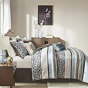 Madison Park Cozy Comforter Set - Luxurious Jaquard Traditional Damask Design, All Season Down Alternative Bedding with Matching Shams, Decorative Pillow Princeton Blue Queen(90"x90") 7 Piece
