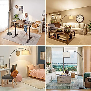 Arc Floor Lamp with Unique Hanging Drum Shade for Living Room - Marble Modern Standing Lamps Adjustable Height, Contemporary Over the Couch Hanging Arching Tall Stand Up Light for Bedroom Office Black