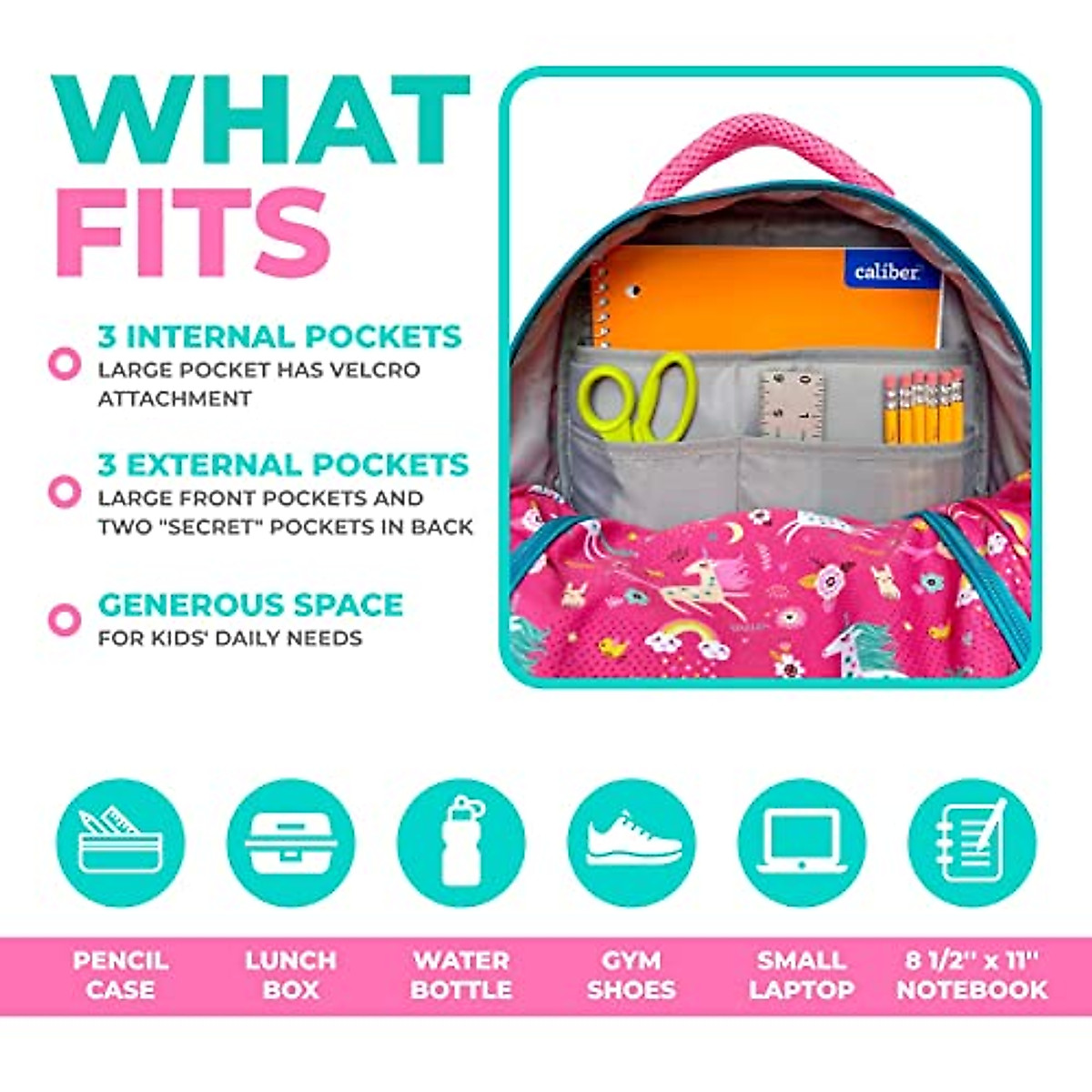 Unicorn Backpack with Lunch Box for Girls, Cute 15” Girl Backpacks and Integrated Lunch Bag with Water Bottle Pocket Holder, Insulated Padded Travel Bags Boxes for Elementary School Kids, Pink Teal