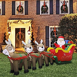 MorTime 9.5 FT Christmas Inflatable Santa Claus on Sleigh Pulled by Three Reindeers with Gift Boxes, Blow up Lighted Yard Decor for Outdoor Decorations