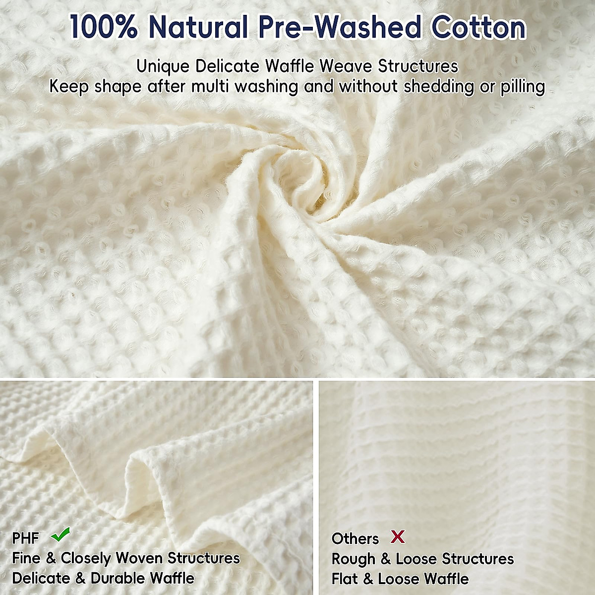 PHF 100% Cotton Waffle Weave Blanket King Size 104" x 90"-Lightweight Washed Soft Breathable Blanket Perfect for Summer -Great Blanket Layer for Couch Bed Sofa-Elegant Home Decoration - Cream