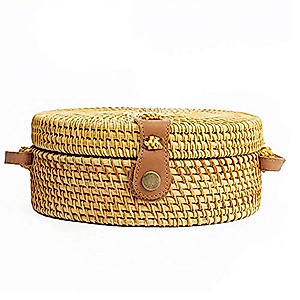 Kbinter Handwoven Round Rattan Straw Bag for Women Shoulder Leather Button Straps Natural Chic Handmade Boho Bag Bali Purse (1 Pack)