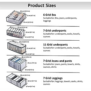 Fitster Wardrobe Clothes Organizer- 5 pieces 7 to 11 Grids- socks, Bra, Pants, Shirts, and Legging organizers (Gray)