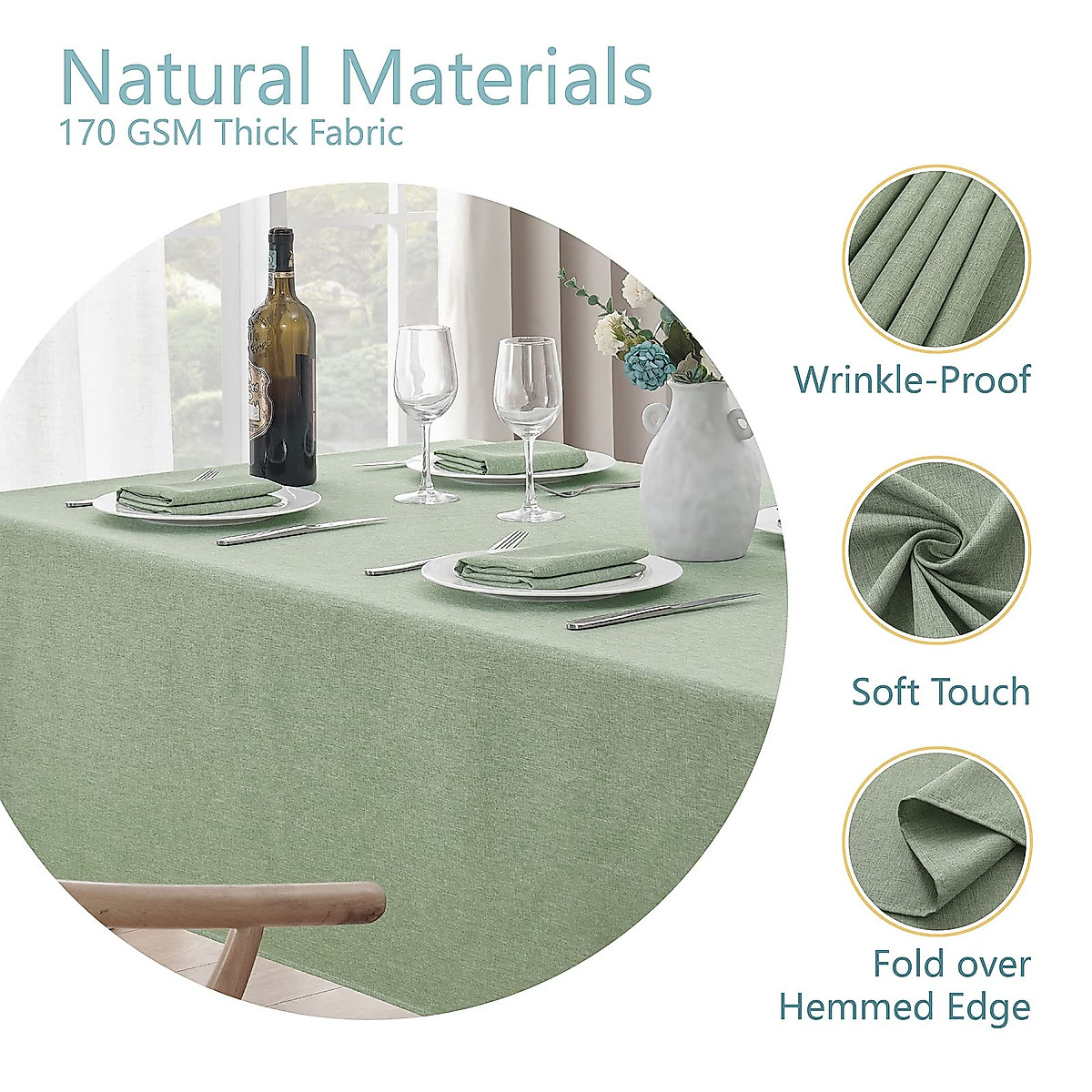 Veblandy Rectangle Tablecloth Linen Textured Waterproof & Stain Resistant Table Cloth Wrinkle Free Decorative Fabric Farmhouse Table Cover for Dining/Party/Buffet/Wedding, 52 x 70 Inch, Sage Green