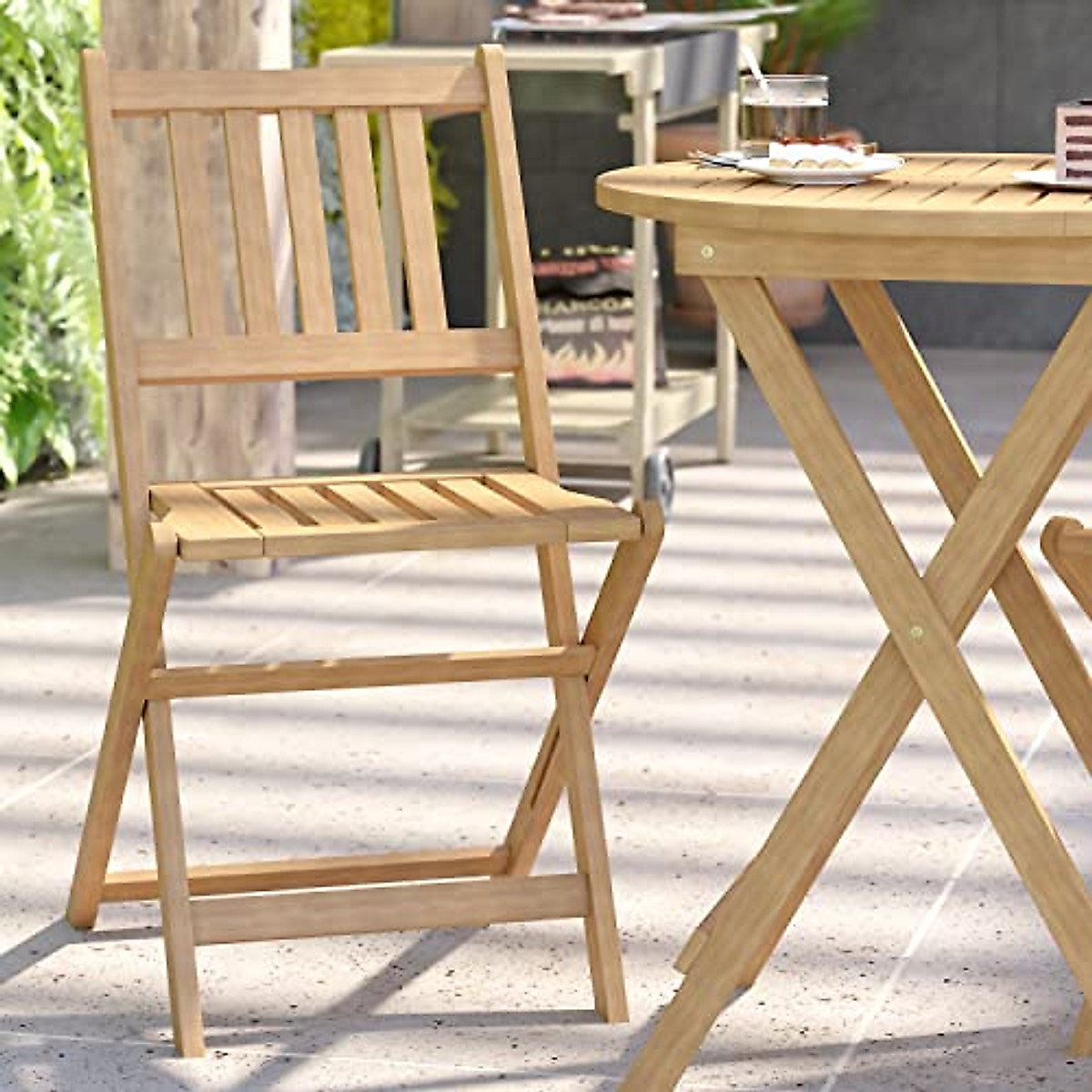 Flash Furniture Martindale 3 Piece Folding Patio Bistro Set - Natural Finish Acacia Wood - Indoor/Outdoor Round Table - 2 Chairs - Slatted Tabletop, Back and Seat