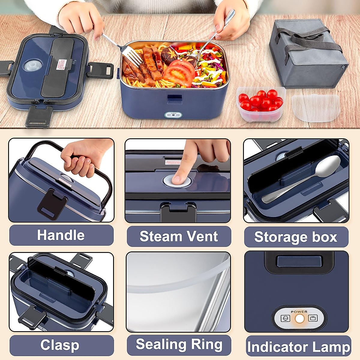 Nifogo Electric Lunch Box for Adults 80W 1.8L, Faster Heated Lunch Boxes for Men, Electric Lunch Box Food Heater Portable 12/24/110V Heating Lunch Box for Work/Car/Truck with Bag