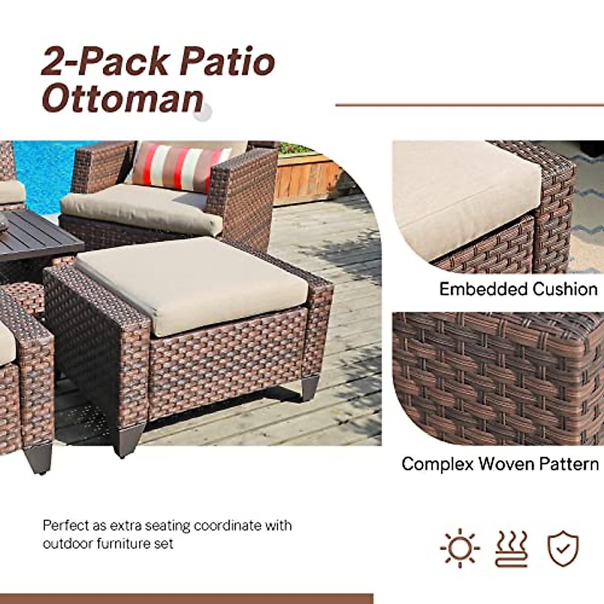 SUNSITT 2 Pieces Patio Furniture Ottoman Outdoor Wicker Footstool with Beige Cushion, Waterproof Furniture Cover
