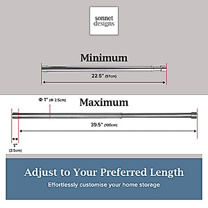 Sonnet Designs Adjustable Closet Rod - Closet Rods for Hanging Clothes, Wardrobe, Shower Pole, Kitchen, Windows, Rustproof Stainless Steel - 22.5 to 39.5” Closet Hanging Rod