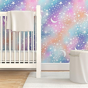 Peel & Stick Wallpaper Swatch - Celestial Rainbow Boho Nursery Ombre Pastel Stars Moon Clouds Night Sky Multicolor Custom Removable Wallpaper by Spoonflower