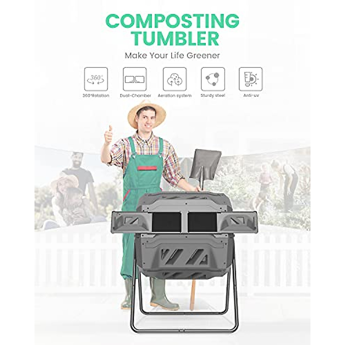 Garden Compost Bin from BPA Free Material, Dual Rotating Outdoor Composting Tumblers (43 Gallon,Black)