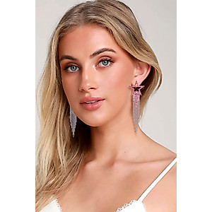 Valentine's Day Earrings Women’s Tassel Earrings Star Ear Stud Pave Crystal Dangle Earrings Boho Waterfall Beaded Fringe Drop Earring (pink)