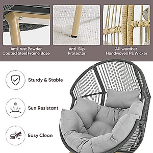 Belord Outdoor Wicker Egg Chair - 300 LBS Weight Capacity Single Patio Egg Lounge Chair with Water Resistant Cushion for Porch Balcony Sunroom, Gray Wicker Gray Cushion