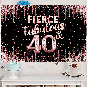 Happy 40th Birthday Backdrop Banner Fierce Fabulous and 40 Decorations for Women 40 Years Old Bday Background Rose Gold Pink Photography Party Decor Sign Supplies