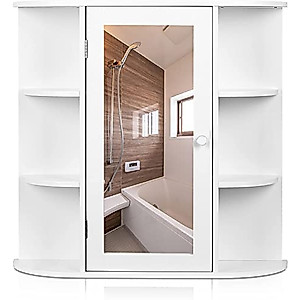 SOMY Medicine Cabinet with Mirror Door, Wood Wall Cabinet with 6 Tier Open