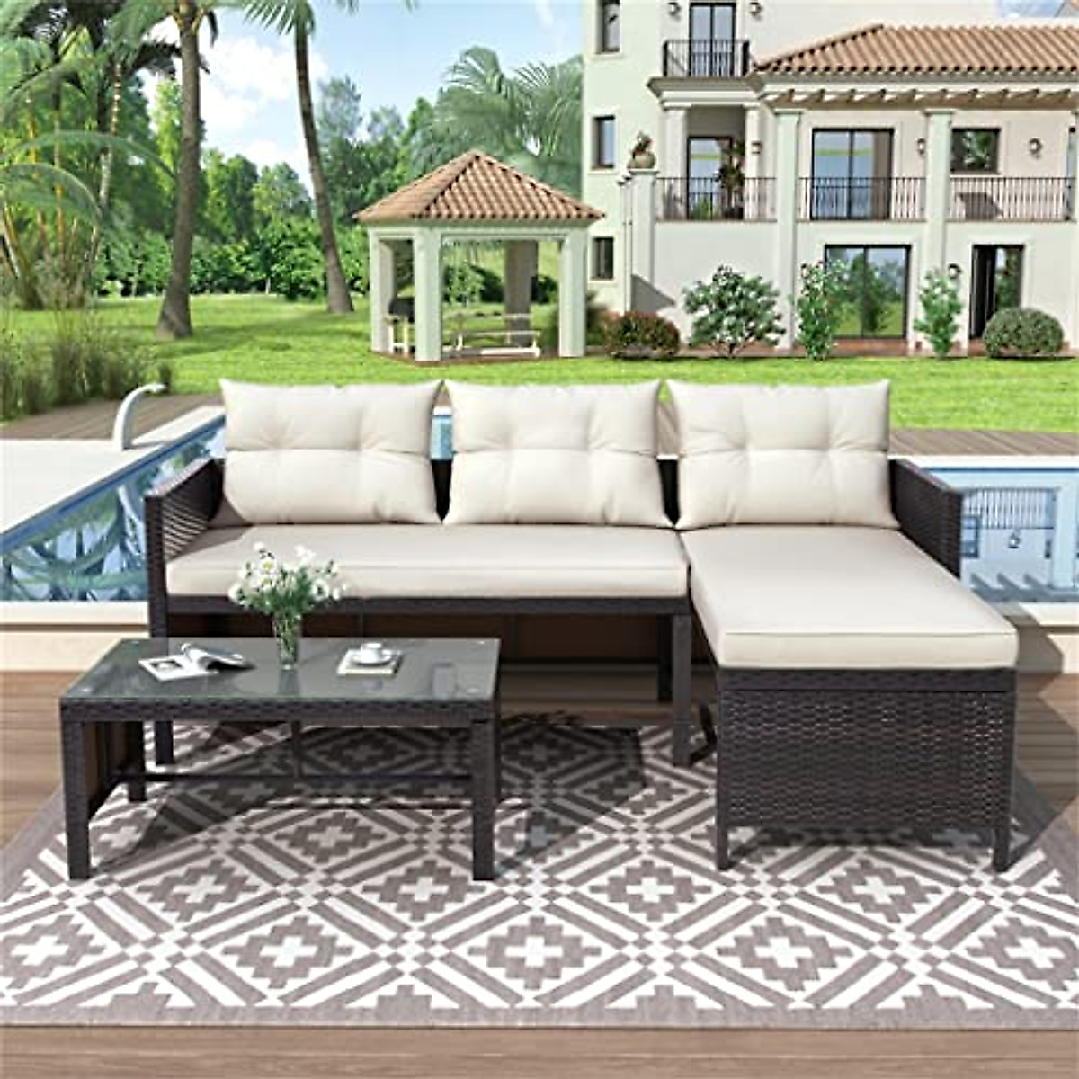 QUUL Outdoor Patio 3 Pcs Rattan Wicker Sofa Set， with Lounger Seat, Beige Cushions
