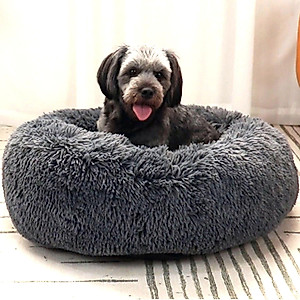 Cat Beds for Indoor Cats, Small Dog Bed Calming Plush Cat Bed Anti-Slip Round Fluffy Dog Bed Donut Dog Bed Soft Puppy Pet Bed Cat Beds Kitten Beds for Indoor Kittens (15.7", Dark Grey)