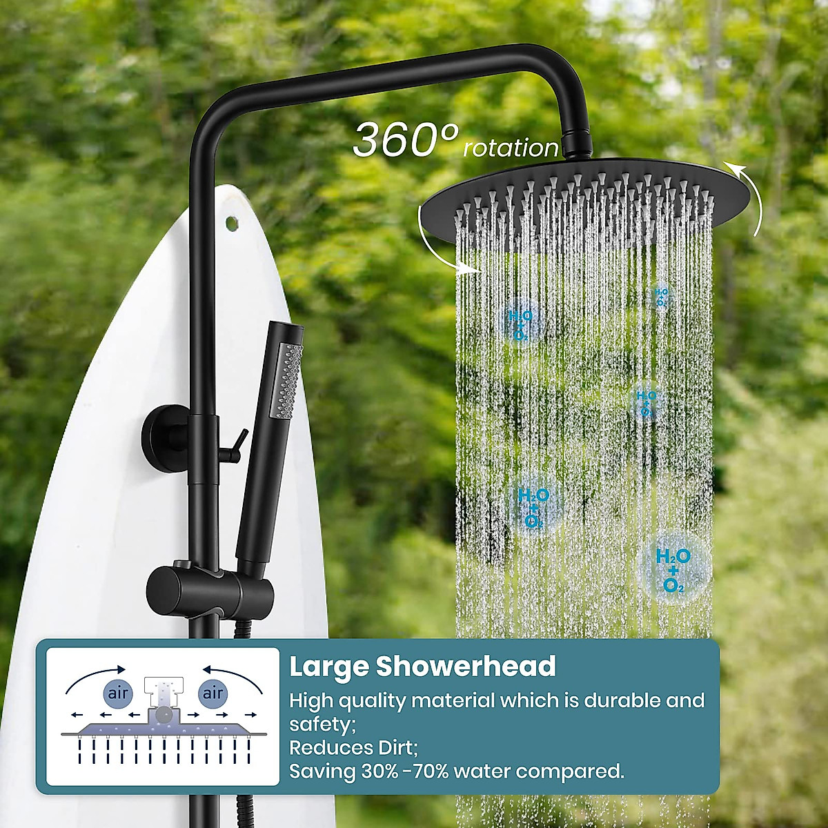 gotonovo Matte Black Outdoor Shower Fixture SUS304 System Combo Set Rainfall Single Handle High Pressure Hand Spray Wall Mount 2 Dual Function Stainless Steel
