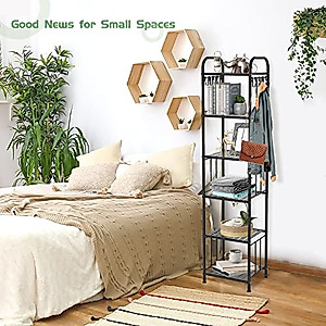 6 Tier Narrow Metal Bathroom Towel Storage Shelving Unit with 10Pcs S Hooks, Freestanding Corner Rack Shelves for Small Spaces, Practical Shelf Bookshelf for Bedroom Pantry Laundry Kitchen (Black)…
