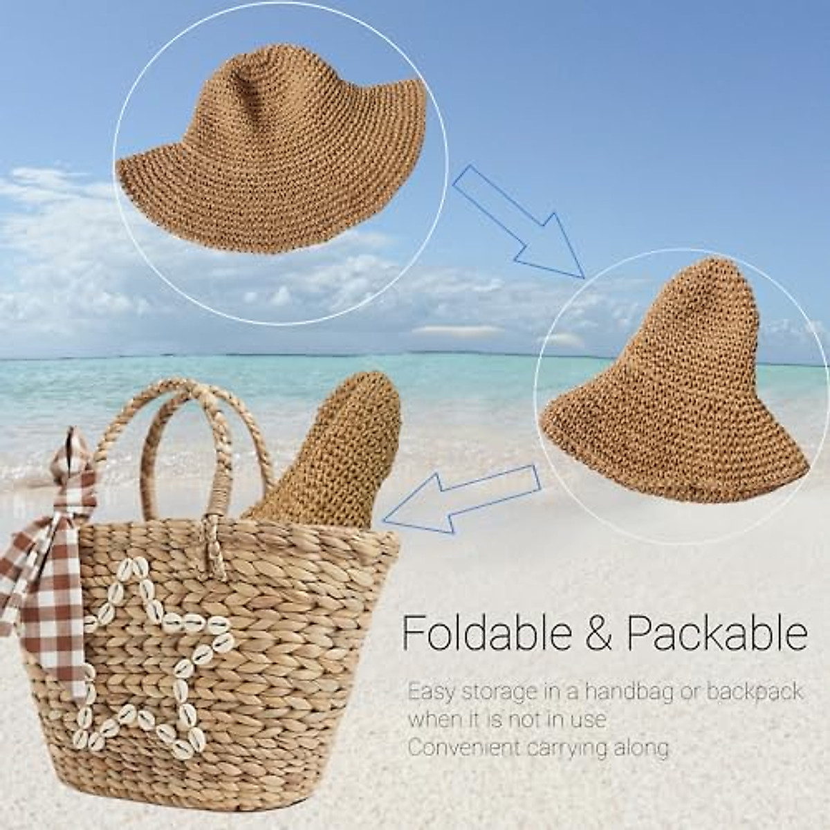 Womens Sun Hats Wide Brim Summer Beach Hat for Women Foldable Travel Fedora Handmade Crochet Straw Hat Packable UPF50+, Khaki