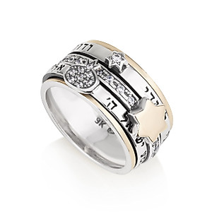 925 Sterling Silver 9k Gold Spinning Ring Star Of David Pomegranate Ani Ledodi Shma Israel 0.45 White Round Cubic Zirconia Spiritual Handmade Jewelry Jewish Rare Unique Bible Blessings Holyland Art,