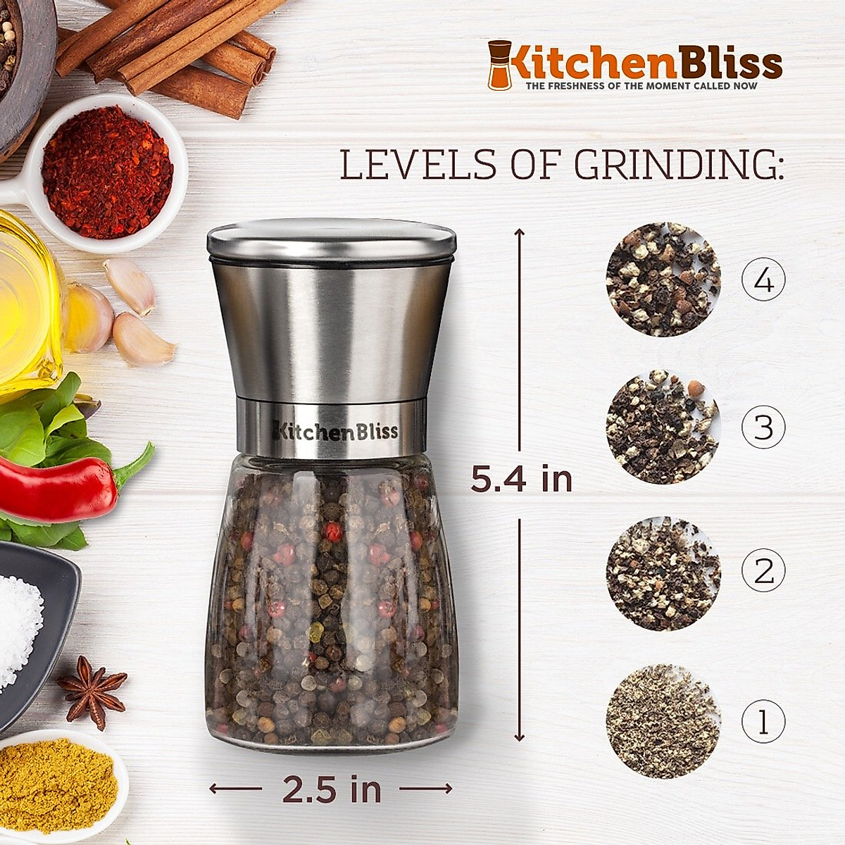 KitchenBliss Professional Salt and Pepper Grinder – Premium Stainless Steel Salt and Pepper Shaker with Ceramic Spice Grinder Mill for Adjustable Coarseness