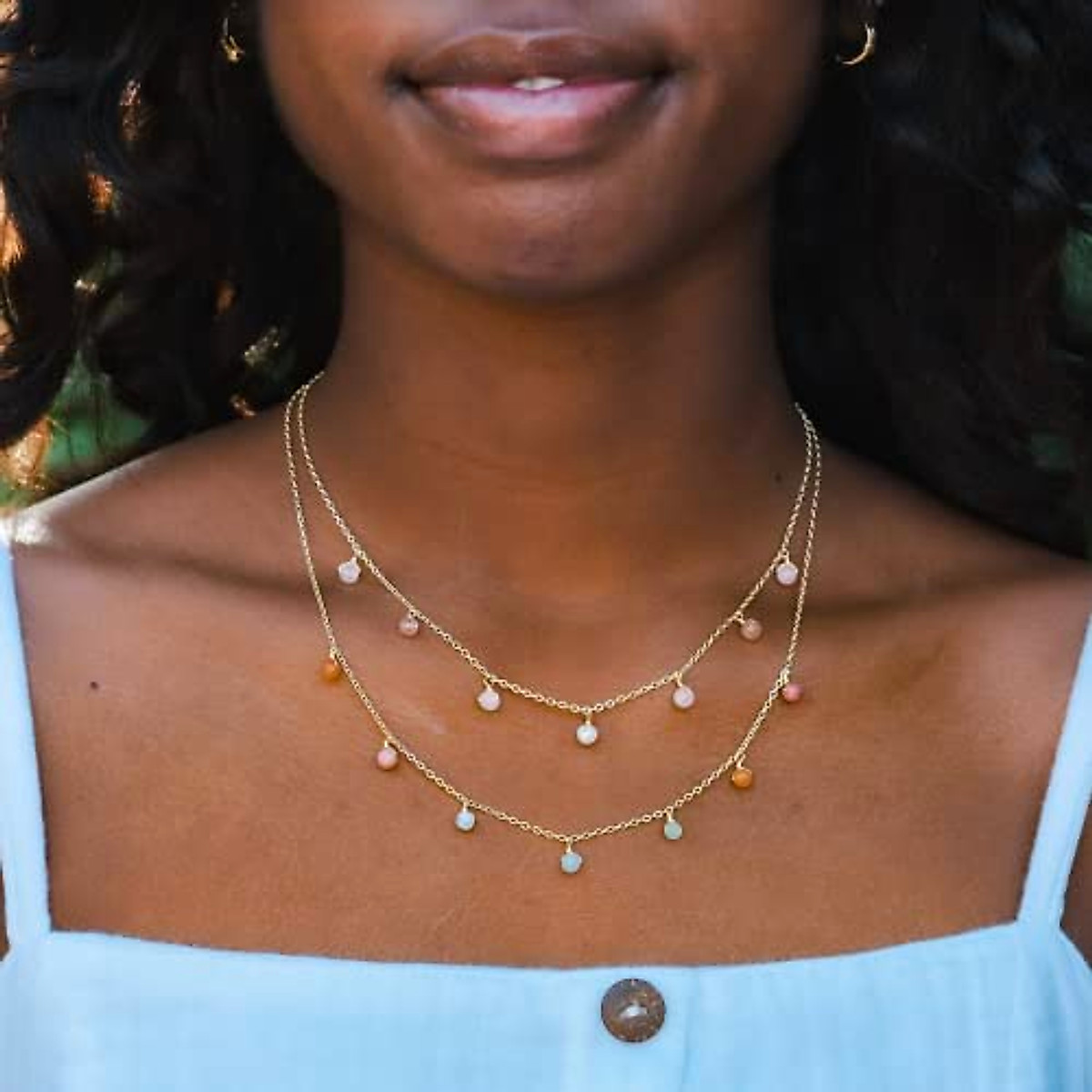 Lotus and Luna Dewdrop Necklace Energy Chakra Healing Stones Dainty Layering Necklace (Jade, Jasper, Amazonite, Quartz, Pearl, Rose Quartz) (Balance + Inner Peace)