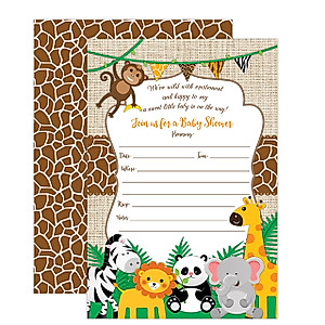 Jungle Safari Baby Shower Invitations - Safari Animal Invitation - 20 Fill-In Invitations and White Envelopes - Boy or Neutral Baby Shower Party - Monkey, Lion, Elephant, Giraffe