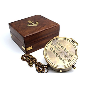 Second Star to The Right J. M. Barrie, Peter Pan Engraved Brass Compass for Anniversary, Birthday, Graduation Day, Confirmation Gift, Valentine Gift Parting Gift with Wooden Case.