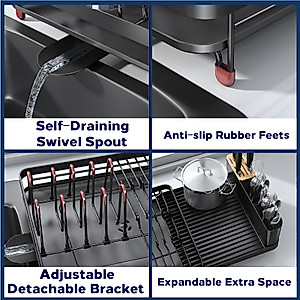 Dish Drying Rack, Expandable(19.3"-26") Dish Rack with Drainboard Set, Extra Large Rustproof Drying Rack for Kitchen Counter, Big Dish Drainers Dryer Racks for Dishes Drain with Utensil & Knife Holder