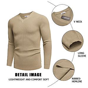 COOFANDY Men V Neck Dress Sweater Knit Long Sleeve Casual Slim Fit Pullover Sweater Khaki