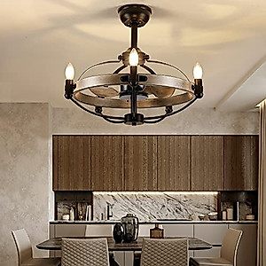MADSHNE 24" Caged Ceiling Fan with Lights and Remote,Small Rustic Farmhouse Ceiling Fan,Black Bladeless Candle Chandelier Ceiling Fan, Reversible (Bulbs Included)
