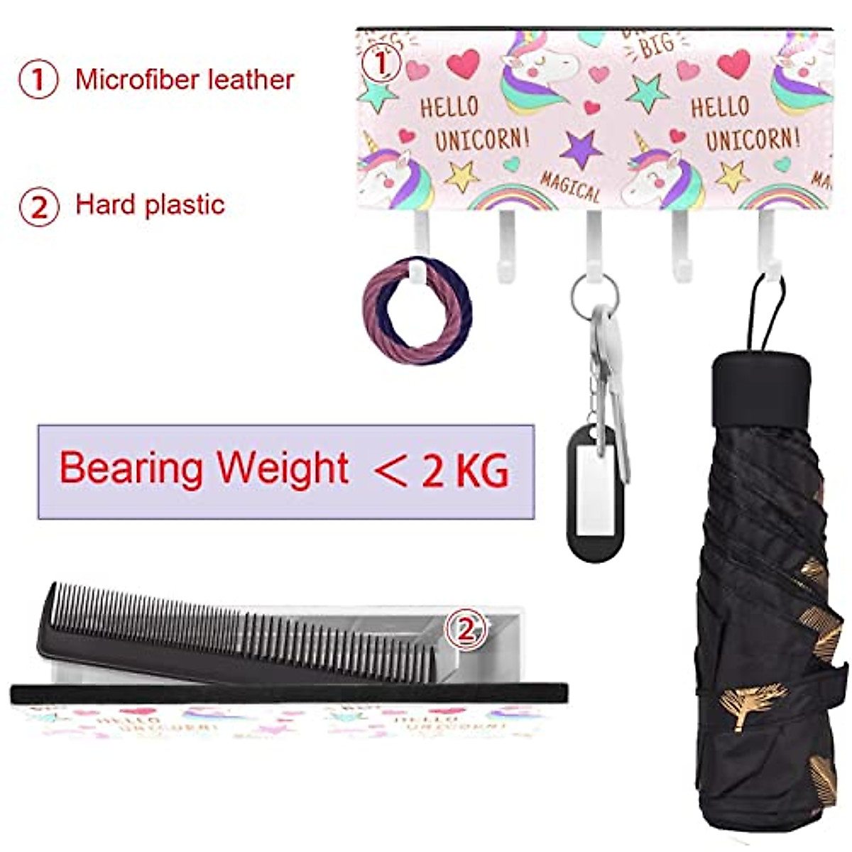 Pink Magical Unicorn Pattern Rack Organizer with 5 Hooks Wall Bathroom Kitchen Shelf Rack Multifunctional Storage Shelf