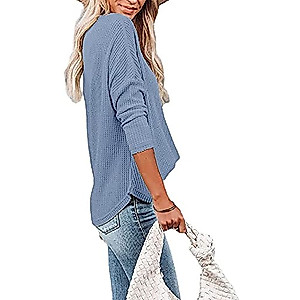 Fronage Womens Waffle Knit Tunic Tops V Neck Long Sleeve Casual Loose Pullover Blouses Shirts (Blue, Medium)