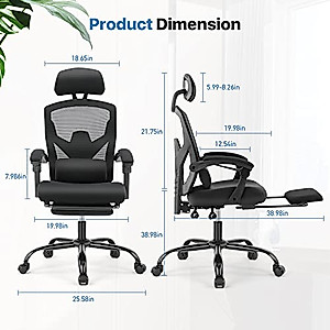 Ergonomic Home Office Chair High Back Executive Desk Chair with Armsrest and Adjustable Headrest, Mesh Computer Chair with Retractable Footrest and Lumbar Support (Black)