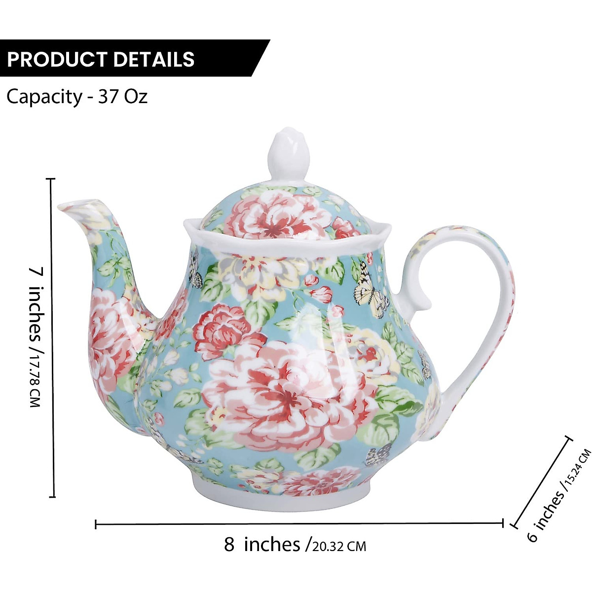 European Style Ceramic Teapot Coffee Pot Water Pot Porcelain Vintage Gift Tea Pot - 37 Oz - May Blossom