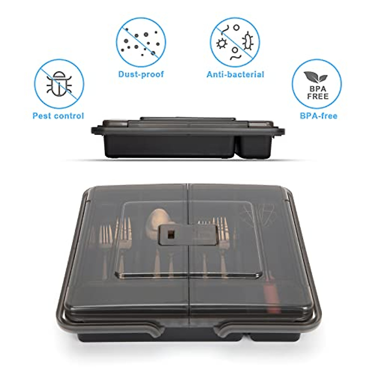 SUICGYU Portable Silverware Organizer with Lid & Handles,Utensil Holder for Countertop,Plastic Cutlery Tray for drawer,Gray,Black